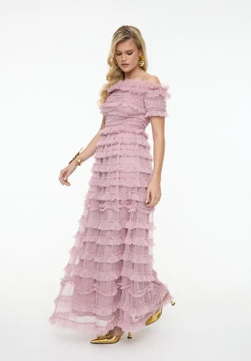 BEAUUT Off-shoulder Ruffle Mesh Maxi Dress