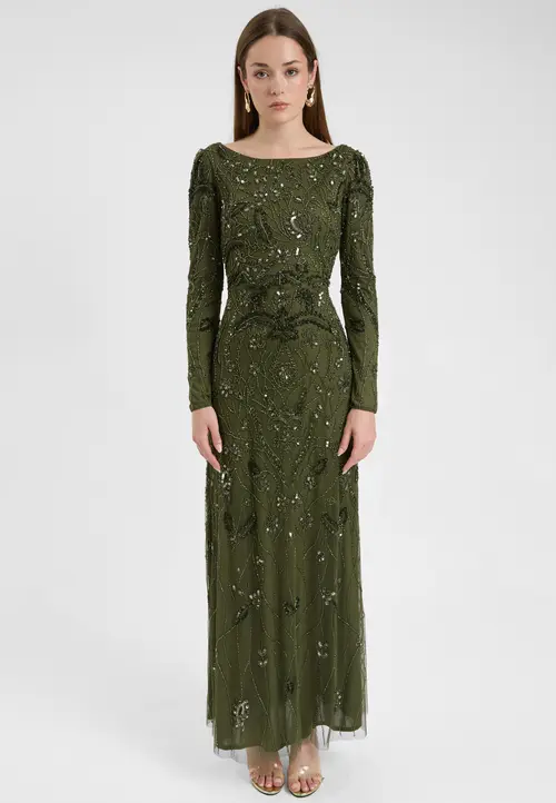 MARYISA Embellished Sequin Beaded Maxi Dress With Wide Neck - Olive