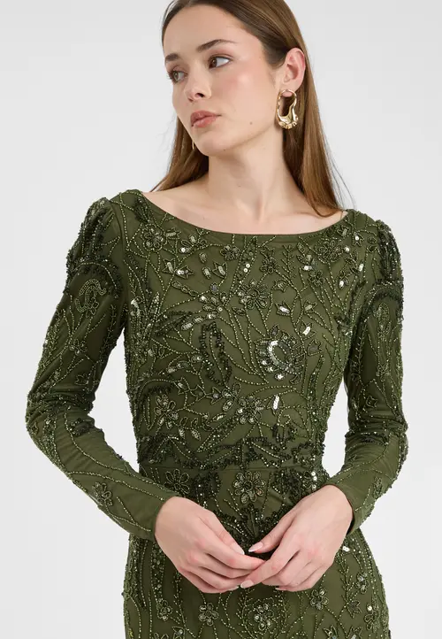 MARYISA Embellished Sequin Beaded Maxi Dress With Wide Neck - Olive