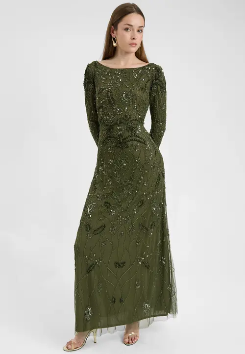MARYISA Embellished Sequin Beaded Maxi Dress With Wide Neck - Olive