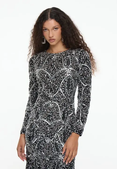 MARYISA Sequin Embellished Maxi Dress With Fitted Bodice - Black