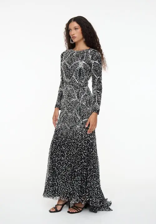 MARYISA Sequin Embellished Maxi Dress With Fitted Bodice - Black