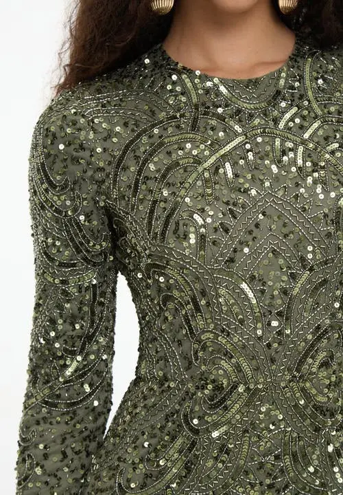 MARYISA Embellished Sequin Beaded Maxi Dress - Olive