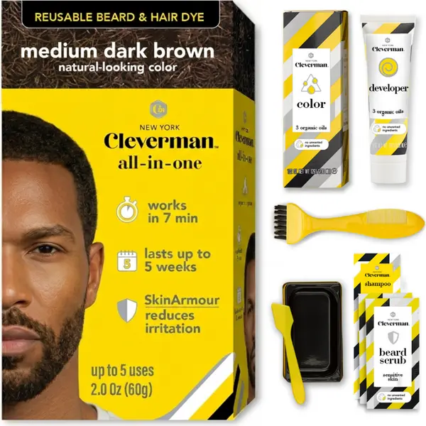 CLEVERMAN Coarse & Coily Hair · Reusable Beard & Hair Dye Kit - Medium Dark Brown