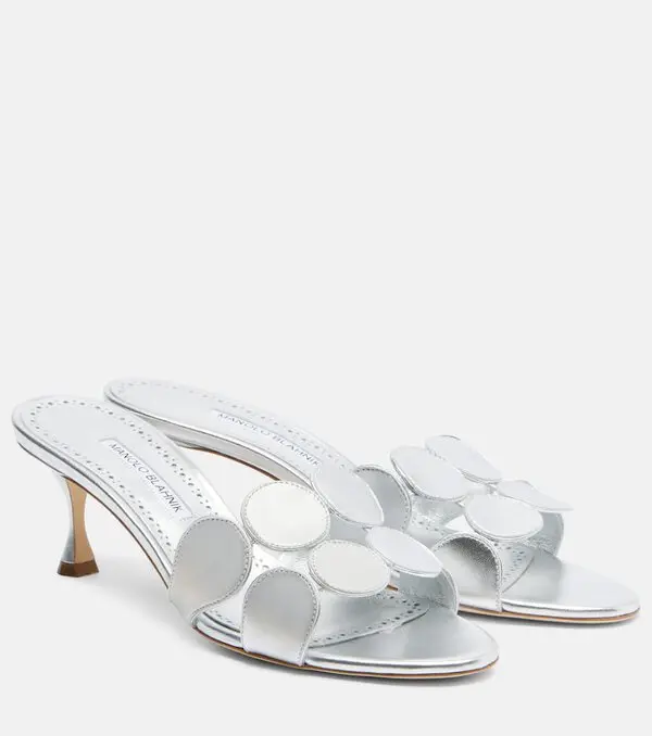 Manolo Blahnik Haribalmu 50 Metallic Leather Mules - Silver
