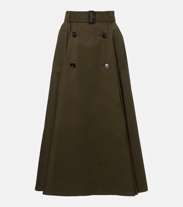 Burberry Cotton Gabardine Midi Skirt - Green