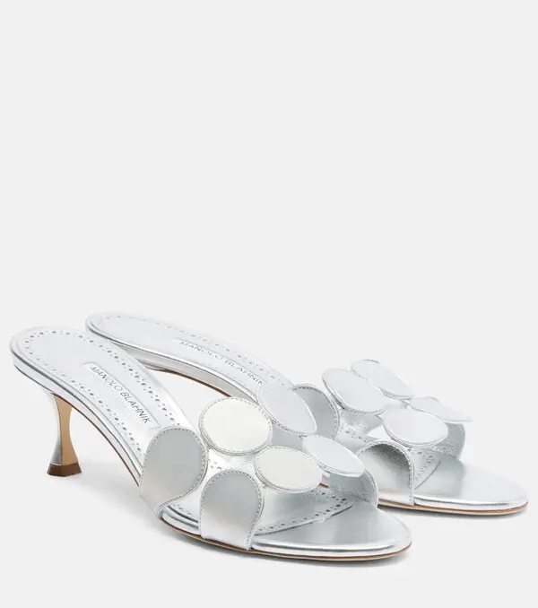 Manolo Blahnik Haribalmu 50 Metallic Leather Mules - Silver