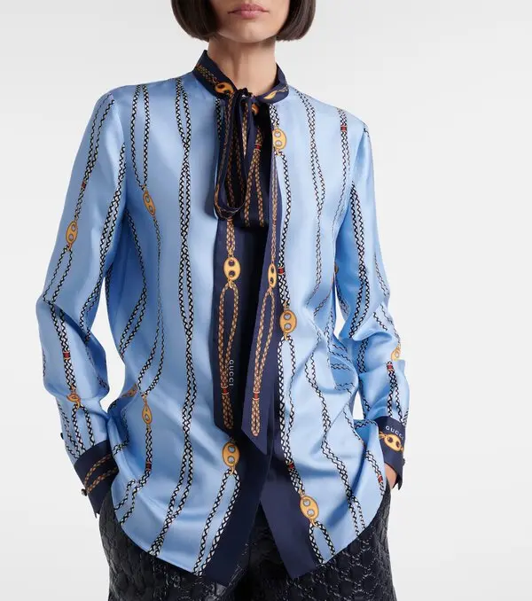 Gucci Printed Tie-neck Silk Twill Shirt