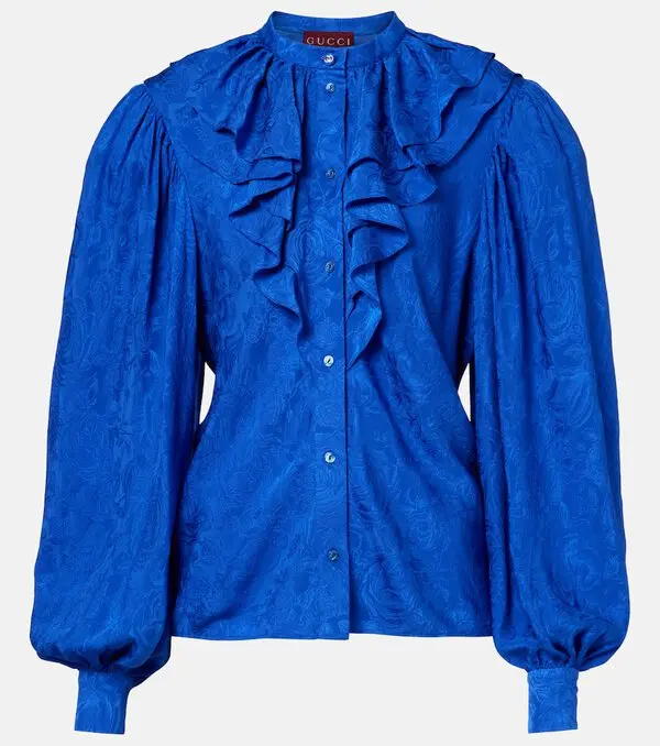 Gucci Printed Ruffled Silk Satin Shirt - Blue