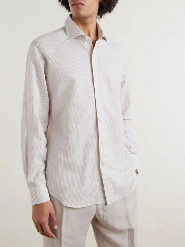 Eleventy Striped Cotton And Linen-blend Shirt - Neutrals