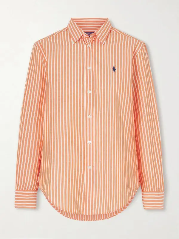 Polo Ralph Lauren Embroidered Striped Cotton And Linen-blend Shirt