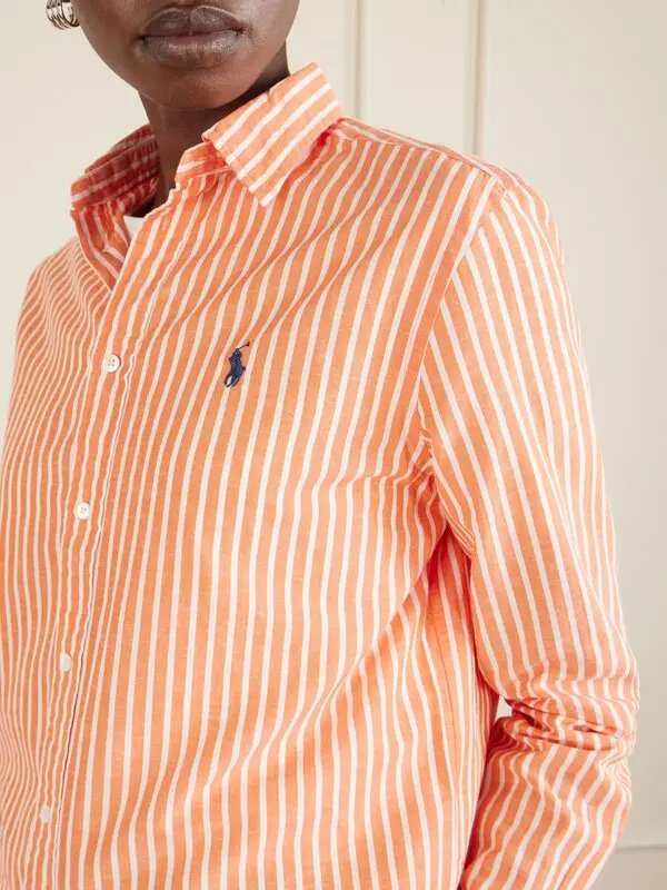 Polo Ralph Lauren Embroidered Striped Cotton And Linen-blend Shirt