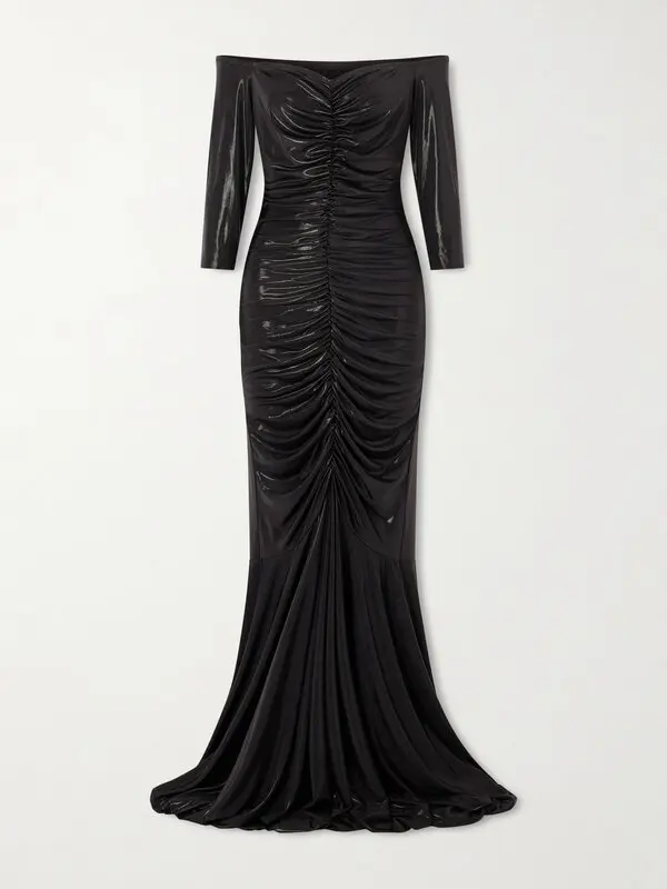 Norma Kamali Off-shoulder Ruched Stretch-lamé Gown