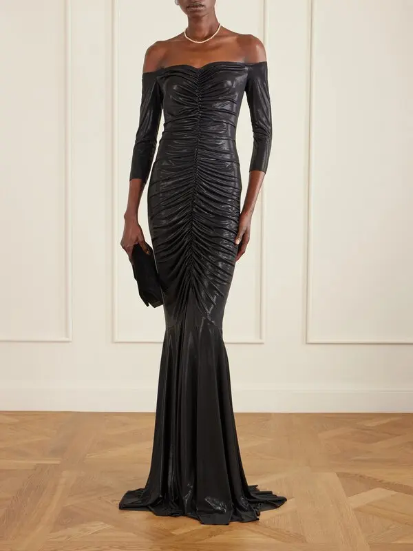 Norma Kamali Off-shoulder Ruched Stretch-lamé Gown
