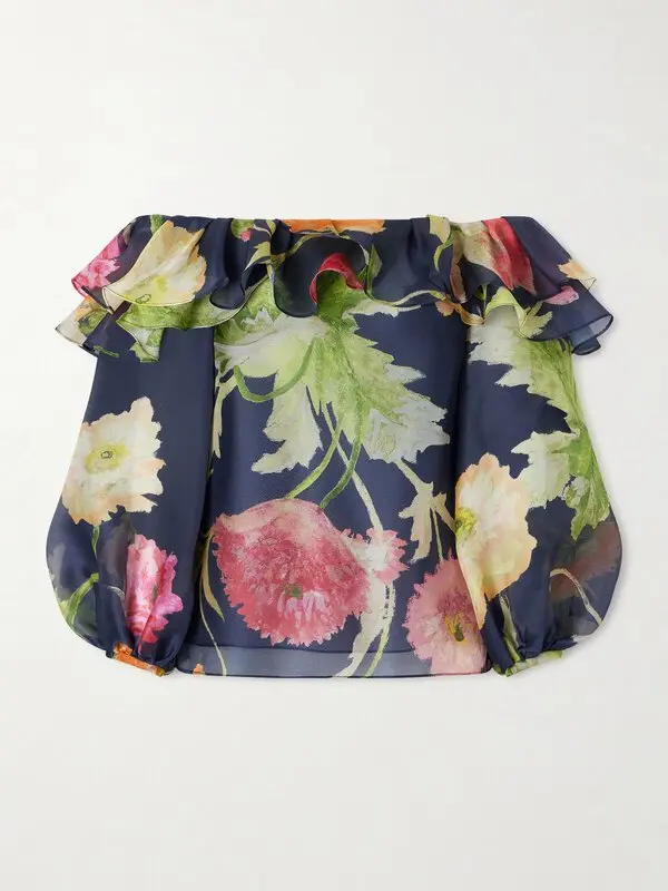 Carolina Herrera Off-the-shoulder Floral-print Silk-organza Top - Blue
