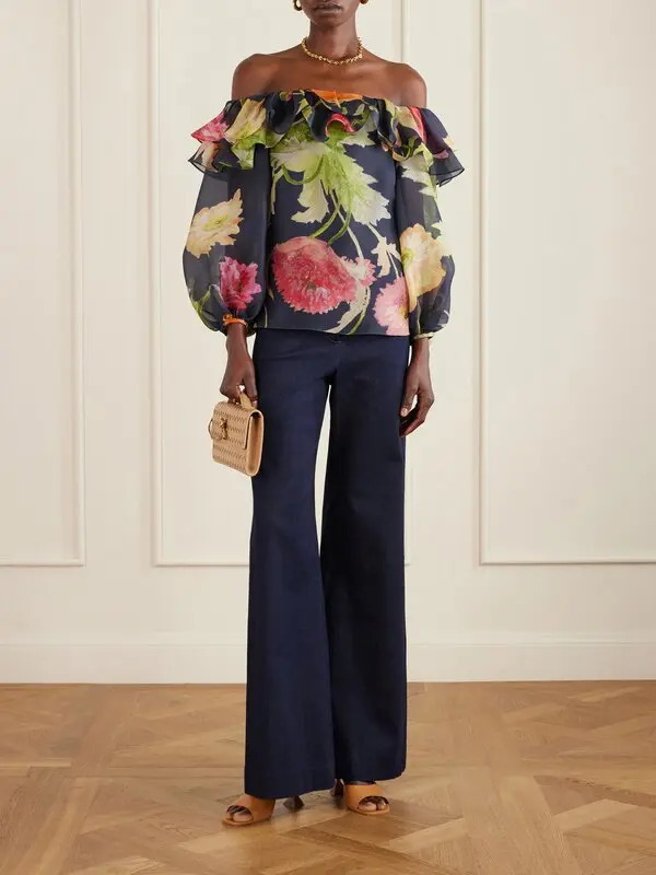 Carolina Herrera Off-the-shoulder Floral-print Silk-organza Top - Blue
