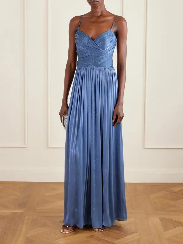 Costarellos Sereen Draped Pleated Metallic Gown