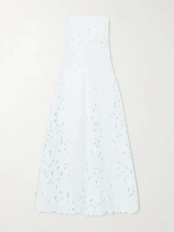 Costarellos Vella Strapless Guipure Lace Midi Dress