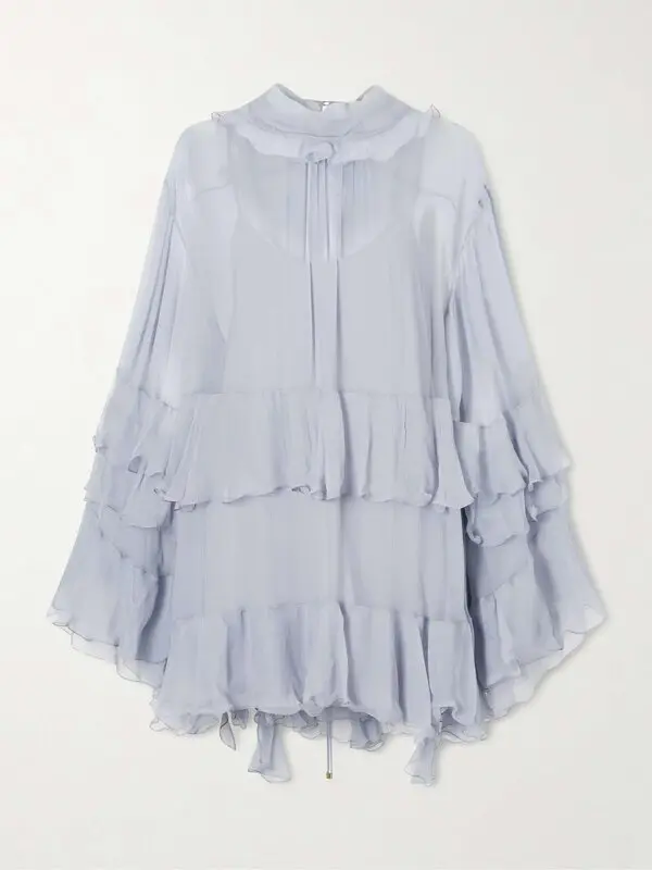 Chloé Ruffled Crepon Mini Dress - Light Blue