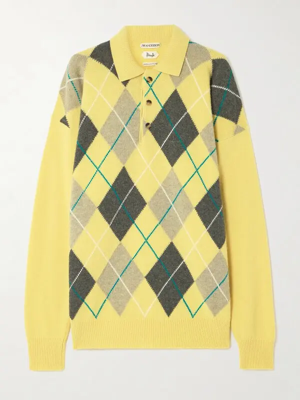 JW Anderson Argyle Wool Polo Sweater - Yellow