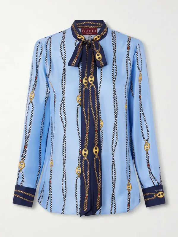 Gucci Printed Silk-twill Shirt With Pussy-bow - Blue