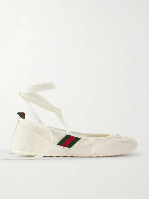 Gucci Webbing-trimmed Canvas-jacquard Ballet Flats - Off-white
