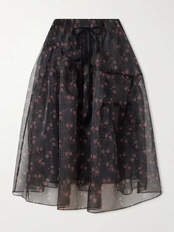 Simone Rocha Tiered Floral-print Organza Midi Skirt - Black