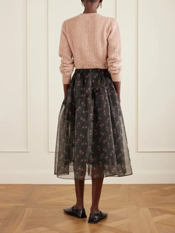 Simone Rocha Tiered Floral-print Organza Midi Skirt - Black