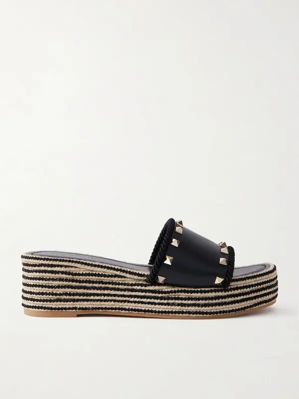 Valentino Garavani Rockstud Leather Platform Espadrille Slides - Black