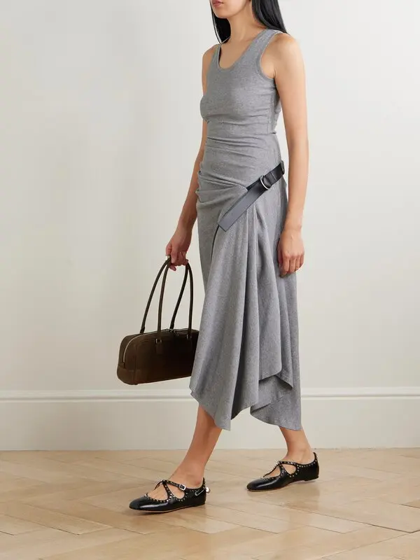 Loewe Asymmetric Leather-Trimmed Ribbed Cotton-Blend Jersey Dress - Gray |  Editorialist
