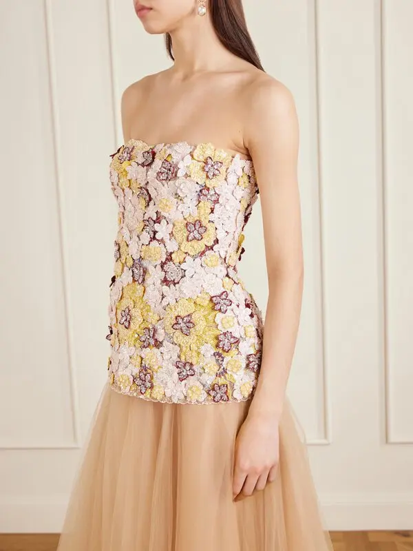 costarellos embroidered tulle dress Costarellos Embroidered Tulle Gown Beige Size 40 Short Sleeve Maxi Dress main image 1
