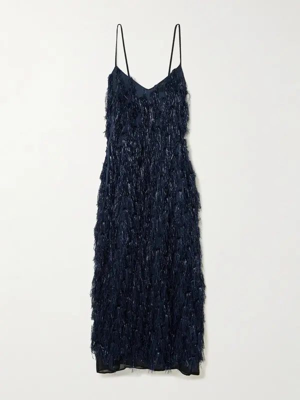 Stella McCartney Metallic Fringed Organza Midi Dress - Blue