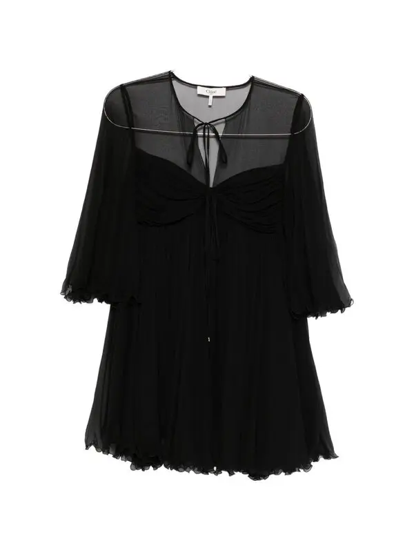 Chloé Silk Mini Dress With Sheer Paneling And Ruffle Trim - Black