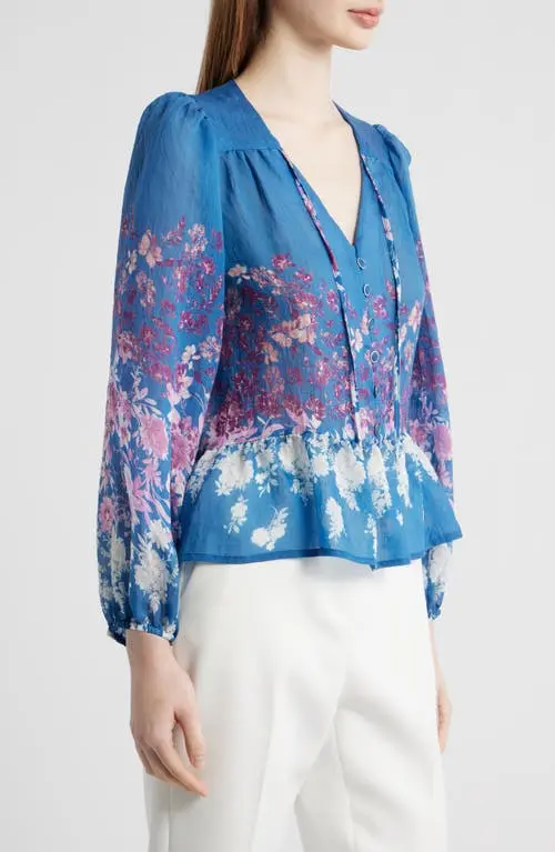 TAHARI ASL Printed Tie-neck Ruffle Hem Top