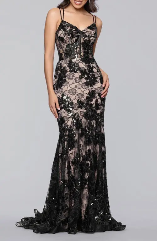 BLONDIE NITES Sequin Strappy Lace Trumpet Gown - Black/nude