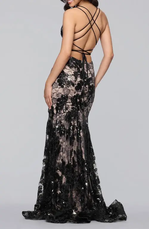 BLONDIE NITES Sequin Strappy Lace Trumpet Gown - Black/nude