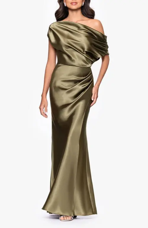 Betsy & Adam One-shoulder Satin Sheath Gown - Olive