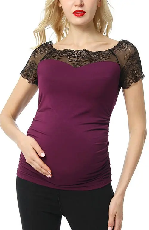 KIMI + KAI Lace Shoulder Maternity Top - Deep Berry