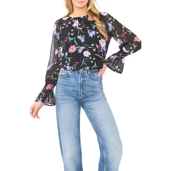 CECE DUPRAZ Floral Stripe Ruffle Cuff Top