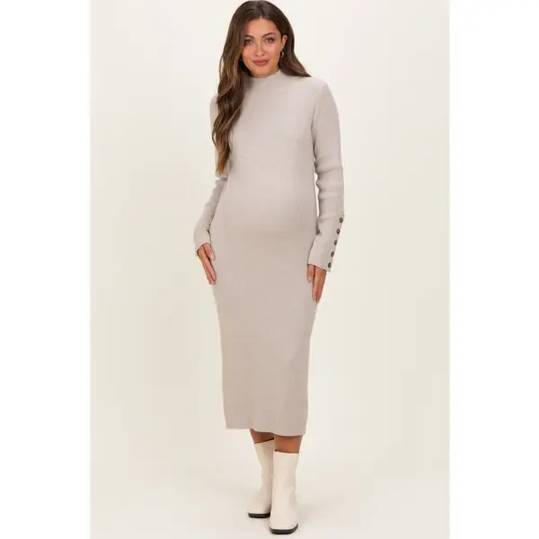 PINKBLUSH Button Sleeve Sweater Midi Dress - Heather Grey