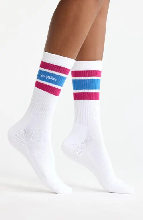 SPORTY & RICH Serif Logo Stripe Crew Socks - White/berry/azure