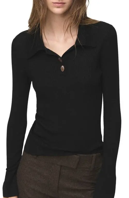 Mango Rib Fluted Long Sleeve Polo Sweater