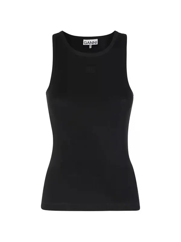 GANNI Ribbed Logo-embroidered Top - Black
