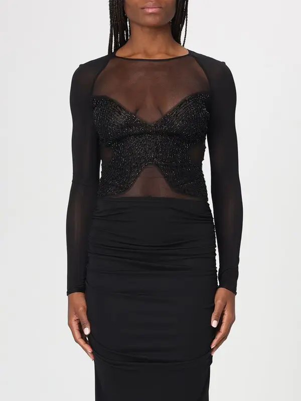 Elisabetta Franchi Stretch Viscose Bodysuit Top With Sequined Embellishments - Black