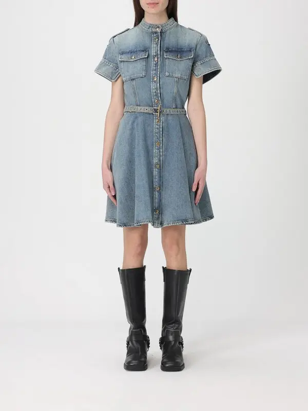 Alexander McQueen Shirtdress With Mandarin Collar And Belt - Denim