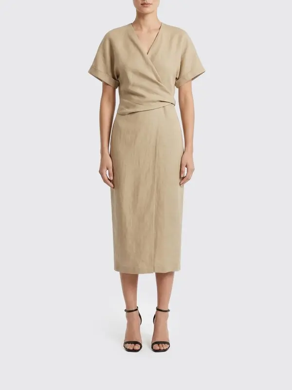 Brunello Cucinelli Linen Blend Midi Wrap Dress - Beige