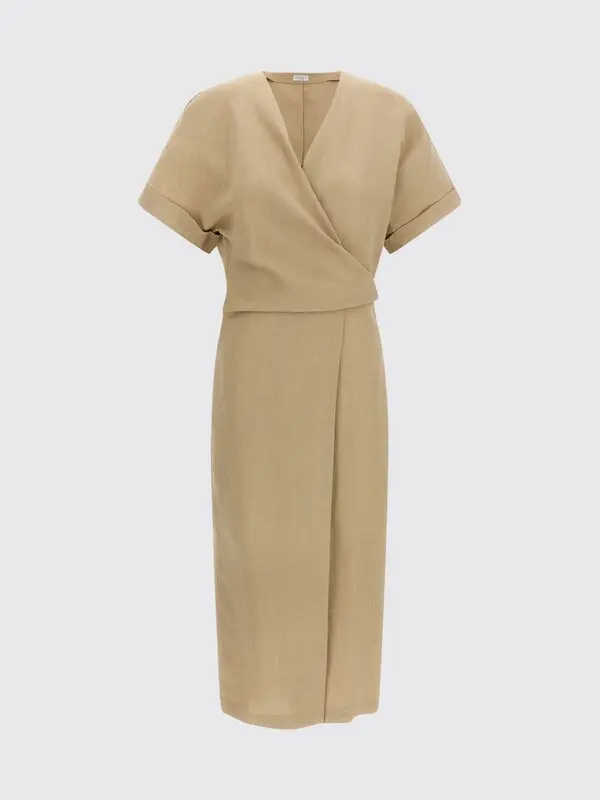Brunello Cucinelli Linen Blend Midi Wrap Dress - Beige