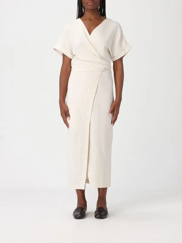 Brunello Cucinelli Linen Blend Midi Wrap Dress - Cream