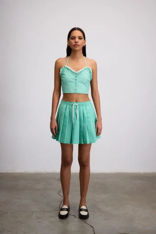 JE TE VEUX Gingham Crop Bustier Top With Lace Trim - Green