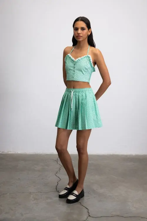 JE TE VEUX Gingham Crop Bustier Top With Lace Trim - Green